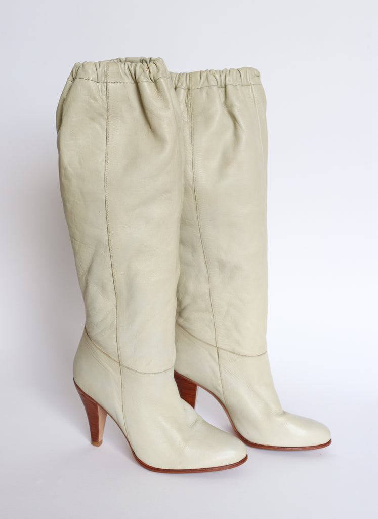 Cream Leather 1980s Long Boots - ABBA Vintage - Fit UK 6.5 / 39.5 ...